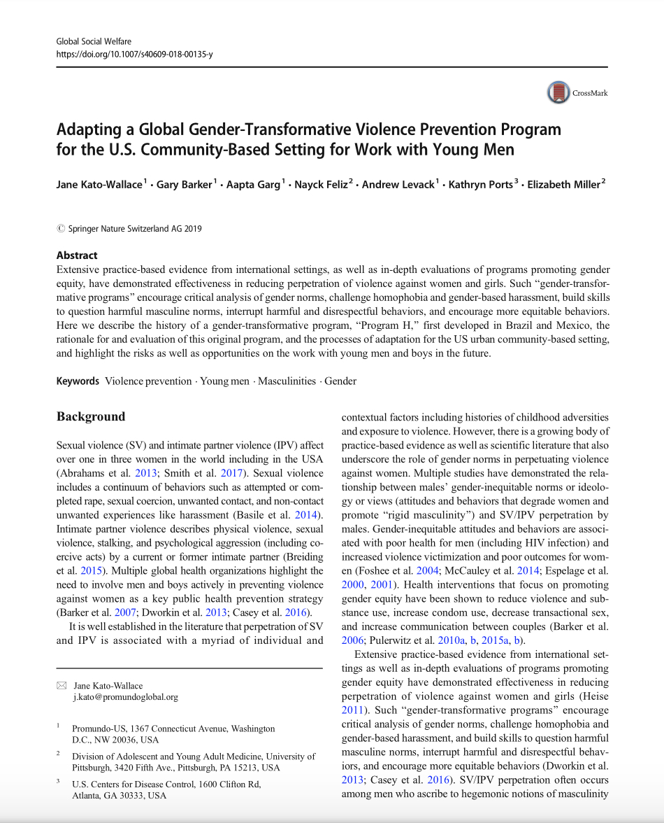 Adapting a Global Gender-Transformative Violence Prevention Program for the U.S. Community-Based ...